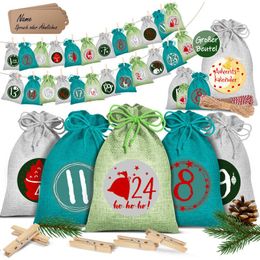 Kesser Adventskalender zum Befüllen 24 Jutebeutel Gedruckte Stoffbeutel Kinder Weihnachtskalender zum Selber Befüllen Inkl. 24x Schildchen Grün / 16x12cm