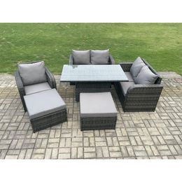 7-Sitzer Rattan Möbel Garten Dining Set im Freien Höhenverstellbarer Aufsteigenderr Tisch Liebe Sofa Stuhl mit 2 großen Fußhocker - Fimous