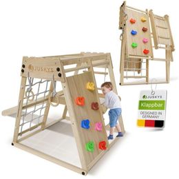 Juskys - Mini Klettergerüst für Kinder - Indoor Spielplatz mit Rutsche, Kletterwand, Kletternetz & Turnringe - Holz Kletterturm klappbar - Natur