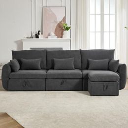 Anbausofa mit Stauraum, 300x90x96 cm, grau – 3-Sitzer-Sofa mit verlängerter Fußstütze und fünf abnehmbaren Kissen, ideal für modernes Wohnen