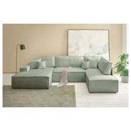 Wohnlandschaft Andas "FINNLEY U-Form XXL 329 cm, Schlafsofa, Schlaffunktion m. Bettkasten", grün (mintgrün), B:329cm H:85cm T:195cm, Bezugstoff aus 90% recyceltem Material , Aqua Clean , Gramatur 580g/ qm +/- 5%, Sofas, (194/139 cm), Bouclé, Struktur und Cord