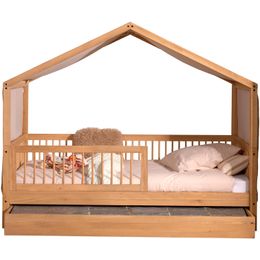 Hausbett Home Affaire "Forrest mit Dachaufbau, Rausfallschutz vorne und Textilhimmel", braun (eiche natur geölt, eiche natur geölt, eiche natur geölt), B:97,5cm H:170cm L:207,5cm, Textilhimmel 100% Baumwolle, Betten, aus massiver Eiche geölt 90/200, wahlweise mit u. ohne Bettschublade