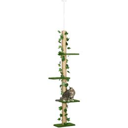 PawHut - Kratzbaum, Katzenkratzbaum Deckenhoch, 202-242 cm, Kletterbaum, Katzenbaum Höhenverstellbar, Spielbaum mit Kippschutz, Jute, Grün+Gelb