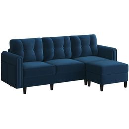 Ecksofa 3-Sitzer Sofa mit Polsterhocker aus Samtstoff Eckcouch in L-Form Rechts/Links fürs Wohnzimmer/Schlafzimmer/Wohnung, Blau - Yaheetech