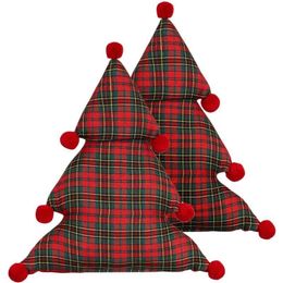 Beliani Dekokissen 2er Set Rot u. Grün Weihnachtsbaum Motiv 35 x 30 cm mit Tartan Muster Kariert Karo für Weihnachtsdeko Zierkissen Accessoires