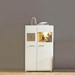 Lomadox - Highboard Vitrine weiß FARO-36 mit Absetzungen in Eiche Hirnholz Nb. und led Beleuchtung, b/h/t: ca. 80/139/37 cm - weiß