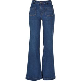 Stoffhose Urban Classics "Urban Classics Damen Ladies Vintage Flared Denim Pants", Damen, Gr. 27, Normalgrößen, blau (tiefblau washed), 98% Baumwolle, 2% Elasthan, unifarben, loose fit, Hosen