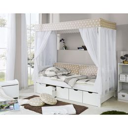 Ticaa Himmelbett "Beige" 310 Kiefer Weiß (Beige/Weiß Stern)