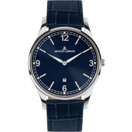 Quarzuhr Jacques Lemans "London, 1-2128C", blau (dunkelblau), Armbanduhren, Herren, Armbanduhr, Herrenuhr, Datum, Leuchtzeiger, Lederarmband