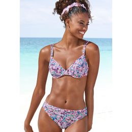 Bügel-Bikini-Top s.Oliver "Scatter", Damen, Gr. 36, Cup F, lila (lila, bedruckt), Recycling-Polyamid, Microfaser, floral, Bikini-Oberteile, mit kleinen Ringen an den Trägern