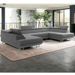 Wohnlandschaft U–Form Ecksofa Monaco Webstoff Grau mit Bett Bettkasten Kopfteilverstellung Bigsofa