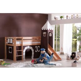 Relita Halbhohes Spielbett ALEX mit Rutsche/Turm Buche massiv natur lackiert mit Stoffset Burg