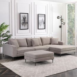 Home Deluxe Sofa mit Hocker BELLANO - 340 x 188 cm Cord Beige Rechts