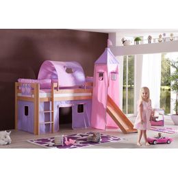 Relita Halbhohes Spielbett ALEX mit Rutsche/Turm/Tunnel Buche massiv natur lackiert mit Stoffset purple/ros