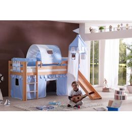 Relita Halbhohes Spielbett ALEX mit Rutsche/Turm/Tunnel Buche massiv natur lackiert mit Stoffset blau/boy