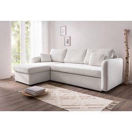 Ecksofa NICE Abriamo Boucle Ecru Hell mit Bett und Bettkasten Ottomane Universell Rechts Links