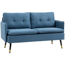 HOMCOM 2 Sitzer Sofa, Couch mit Dickem Kissen, Leinenoptik und Stahlbeine Blau