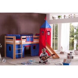 Relita Halbhohes Spielbett ALEX mit Rutsche/Turm Buche massiv natur lackiert mit Stoffset blau/rot