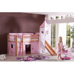 Relita Halbhohes Spielbett ALEX mit Rutsche/Turm Buche massiv natur lackiert mit Stoffset Princess