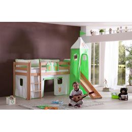 Relita Halbhohes Spielbett ALEX mit Rutsche/Turm Buche massiv natur lackiert mit Stoffset Beige/Grün