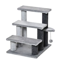 PawHut Haustiertreppe mit Ball 3-stufige Katzentreppe Hundetreppe Tiertreppe Spanplatte Plüsch Grau 45 x 40