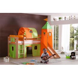 Relita Halbhohes Spielbett ALEX mit Rutsche/Turm/Tunnel Buche massiv natur lackiert mit Stoffset grün/orang