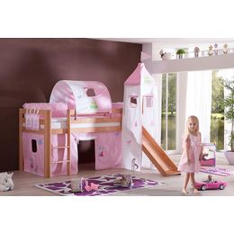 Relita Halbhohes Spielbett ALEX mit Rutsche/Turm/Tunnel Buche massiv natur lackiert mit Stoffset Princess