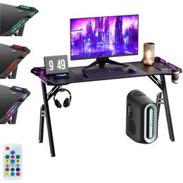 140 x 60 cm A-Frame Gaming Tisch Gaming Schreibtisch mit Einstellbare RGB LED, Getränkehalter, Kopfhörerhaken & Verstellbare Fußstützen Computertisch