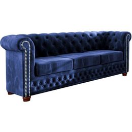 Chesterfield Lothar Sofa 3-Sitzer aus Blau Samt mit Holzfüßen