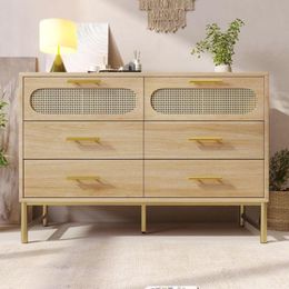 Rattan-Sideboard mit 6 Schubladen, Kommode für Wohn- und Schlafzimmer, Metallgriffe, Kippschutz, 120 x 40 x 74 cm