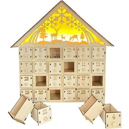 Adventskalender aus Holz mit LED-Lichtern, 24 Schubladen zur Aufbewahrung für Kinder, Weihnachtsdekoration, 25,3 x 6 x 29,5 cm