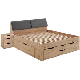 Stauraumbett Relita "Maxi", braun (eiche artisan), B:185cm H:103,8cm L:237,5cm, Bezug Kopfteil: 100% Polyester, Betten, mit Schubladen und Stauraum im Kopfteil