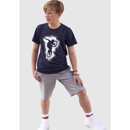 T-Shirt & Shorts Kidsworld "2tlg. Set T-Shirt + Sweatshorts" Gr. 140/146, blau (marine, graumeliert), Jungen, Jersey, angeraute Sweatware, Obermaterial: 100% Baumwolle. Obermaterial Hose: 85% Baumwolle, 15% Viskose, bedruckt, KOB Set-Artikel, BIKER