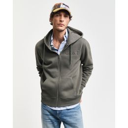 Kapuzensweatjacke Gant "EMBOSSED FULL-ZIP HOODIE", Herren, Gr. 4XL, grün (schwarz earthy grün), Sweatware, Obermaterial: 88% Baumwolle, 12% Polyester, casual, Sweatjacken, eine erhabene Gant-Grafikprägung auf der Brust