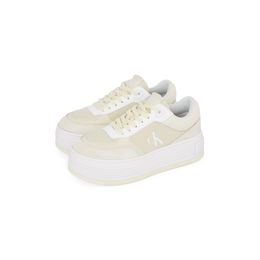 Plateausneaker Calvin Klein Jeans "BOLD FLATF LOW MIX MG MEDIA", Damen, Gr. 42, weiß (sanftes weiß), Leder, Lederimitat, Textil, Sportlich, Schuhe, Schnürschuh, Freizeitschuh, Halbschuh mit seitlichem Logo