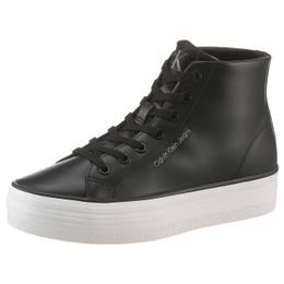 Plateausneaker Calvin Klein Jeans "BOLD VULC FLATF MID LTH IN", Damen, Gr. 39, schwarz-weiß (schwarz, weiß), Leder, unifarben, Sportlich, Schuhe, High Top Sneaker, Schnürboots mit CK Logo an der Ferse