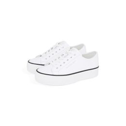 Sneaker Calvin Klein Jeans "BOLD VULC FLATF LOW LTH IN", Damen, Gr. 40, schwarz-weiß (weiß, schwarz), Leder, unifarben mit Farbeinsatz, Schuhe, Halbschuh, Schnürschuh, Freizeitschuh mit CK-Logo an der Ferse