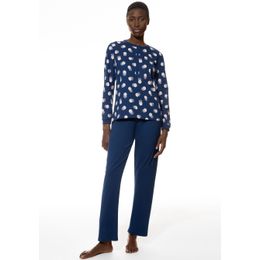 Schlafanzug Mey "SCRIBBLED DOTS", Damen, Gr. 38, blau (deep marine), Single Jersey, Obermaterial: 100% Baumwolle, casual, lang, Rundhals, Homewear-Sets, Rundhalsausschnitt mit Knopfleiste