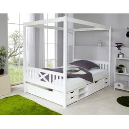 Ticaa Himmelbett Lino 140er weiß Var 2 - mit 4er Funktionsschubkasten -