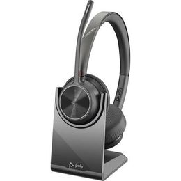 HP Poly Voyager 4320 UC Stereo Computer On Ear Headset Bluetooth® Stereo Schwarz Noise Cancelling Lautstärkeregelung, inkl. Lade- und Dockingstation