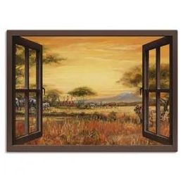 Wandbild Artland "Fensterblick Afrikanische Steppe Löwen", braun, B:130cm H:90cm, Canvas, Leinwand, Bilder, als Leinwandbild, Wandaufkleber in verschied. Größen