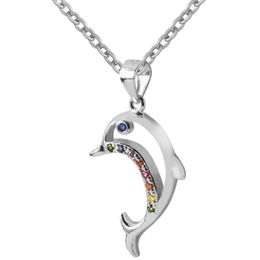 Kette mit Anhänger Firetti "Schmuck Geschenk Silber 925 Halsschmuck Halskette Ankerkette Delfin", bunt (silberfarben, grün, blau, hellgelb, rot, orange, violett), Halsketten, Mädchen, Silber 925 (Sterlingsilber), L: 45cm B: 1,1mm, Made in Germany - mit Zirkonia (synth.), B:1,1mm