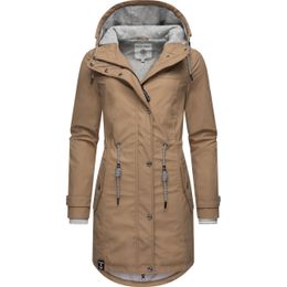 Regenjacke PEAK TIME "L60042" Gr. M (38), beige, Damen, Obermaterial: 100% Polyurethan, Futter 1: 100% Polyester, Futter 2: 60% Baumwolle, 40% Polyester, Wattierung: 100% Polyester, Jacken, stylisch taillierter Regenmantel für Damen