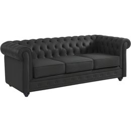 Ledersofa 3-Sitzer - Büffelleder - Schwarz - chesterfield