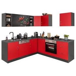 Winkelküche KOCHSTATION "KS-Paris", rot (küche: rot, grafit, korpus: grafit, arbeitsplatte: anthrazit), B:220cm T:220cm, Komplettküchen-Sets, ohne E-Geräte, Stellbreite 220/220 cm