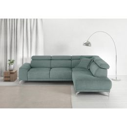 Ecksofa 3C CANDY "Greve Sofa immer mit manuelle Kopfteilverstellungen, modern, elegant", blau (petrol), B:249cm H:79cm T:209cm, 100% Leder, Sofas, Ecksofa, wahlweise motorischer Sitzvorzug, bequem und zeitlos, L-Form