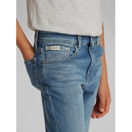 Straight-Jeans Calvin Klein Jeans "ESS. WASHED BLUE DAD" Gr. 12 (152), N-Gr, essential washed blau, Jungen, Denim/Jeans, Obermaterial: 99% Baumwolle, 1% Elasthan, unifarben, Jeans, für Kinder bis 16 Jahre mit Lederpatch