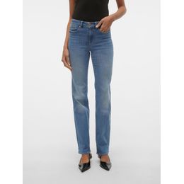 Véro Moda Straight-Jeans VERO MODA "VMFLASH MR STRAIGHT JEANS LI347 GA NOOS", Damen, Gr. M (38), Länge 32, blau (medium blau denim), Denim/Jeans, Obermaterial: 89% Baumwolle, 9% Elastomultiester, 2% Elasthan, unifarben, modisch, straight fit, Jeans