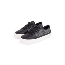 Plateausneaker Tommy Hilfiger "VULC LEATHER SNEAKER MONOGRAM", Damen, Gr. 36, schwarz, Leder, Lederimitat, Schuhe, Freizeitschuh, Halbschuh, Schnürschuh mit Allover-Logoprint