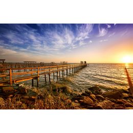 papermoon Fototapete "HOLZ-BR&Uuml;CKE-TEXAS PIER STEG MEER SEE STRAND SONNE BUCHT", B/L: 4mm x 2,6mm, Bahnen: 8 Stk. St., bunt, Schlafzimmer, Tapeten